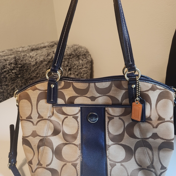 Coach | Bags | Coach Navy And Tan Signature Shoulder Bag | Poshmark